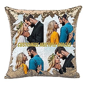 Custom Sequin Pillow Personalized Multiple Picture Mermaid Sequin Pillow Gift for Her Gift for Mom Customized Pillow Magic Sequin Pillow Personalized Gifts (Champagne/White, with Insert,15.7"x15.7")