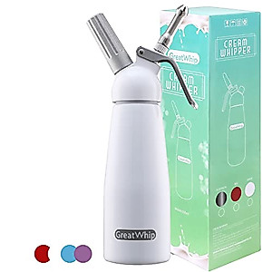 GreatWhip Whipped Cream Aluminum Dispenser Highly Durable Whip Cream Maker 500ml /1 Pint Large Capacity Cream Whipper with 3 Stainless Steel Nozzles & Cleaning Brush (White)
