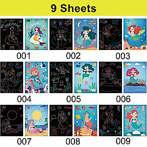 Mocossmy Mermaid Magic Scratch Art for Kids,9 Sheets Double Sided Mermaid Ocean Theme Rainbow Scratch Paper Scratch Art Crafts & Scratch Sticks for Kids Boys Girls Birthday Party Favor Supplies Games
