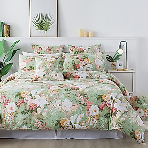 FADFAY Floral Duvet Cover Set Queen 100% Cotton Shabby Vintage Bedding 600 TC Mint Green White Flower Women Elegant Lily Print Comforter Cover Zipper Corner Ties Soft Bed Cover 3 Pcs