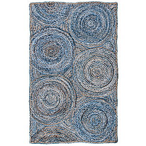 SAFAVIEH Cape Cod Collection 4' x 6' Blue/Natural CAP203M Handmade Boho Braided Circles Jute & Cotton Entryway Living Room Foyer Bedroom Accent Rug