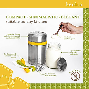 Keolia Yogurt Maker Machine, 1 Quart Glass Yogurt Maker Jars with Recipe Book and Accessories to Make Yogurt, Homemade Dairy Free Yogurt Culture, Stainless Steel Yoghurt Maker with Dairy Jars