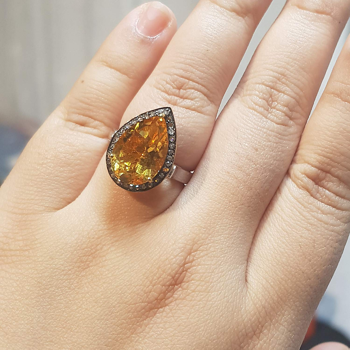 Shweta Creations Natural Citrine with Diamond ring in 925 Sterling Silver - 0.24 Carat Brown Natural Diamond (I2-I3 Clarity) And Multi-Colour Clear Pear shape 4.95 cts. Citrine Ring For Women Gifts