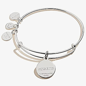 Alex and Ani Zodiac Expandable Bangle for Women, Aquarius Charm, Black Epoxy and Crystals, Shiny Silver Finish, 2 to 3.5 in