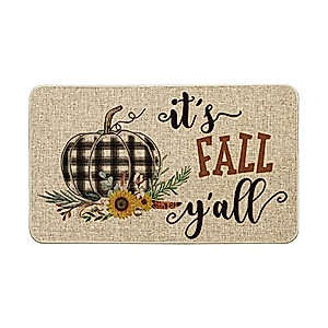 Artoid Mode It's Fall Y'all Watercolor Buffalo Plaid Pumpkin Decorative Doormat, Fall Thanksgiving Harvest Rustic Yard Low-Profile Floor Mat Switch Mat for Indoor Outdoor 17 x 29 Inch
