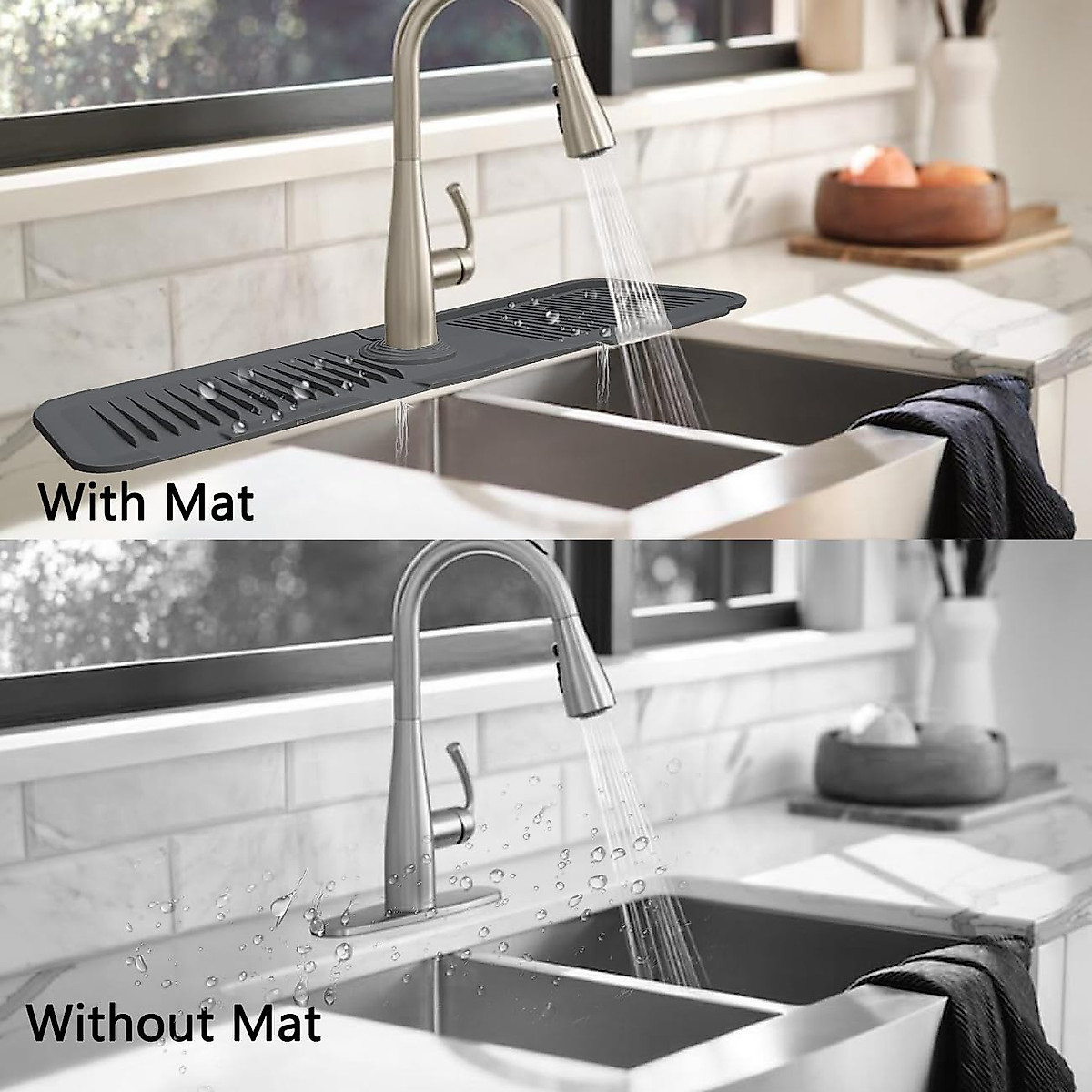 5°Slope Kitchen Sink Splash Guard, 24”x 5.5” Silicone Sink Faucet Mat Handle Drip Catcher Tray Behind Faucet, Drying Mat for Kitchen Counter Bathroom Kitchen Sink Splash Guard