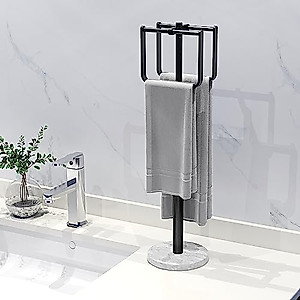 Marble Hand Towel Holder Stand with 2 Hanging Ring for Bathroom Kitchen Countertop, Stainless Steel Free-Standing Towel Rack with Marble Base, Matte Black