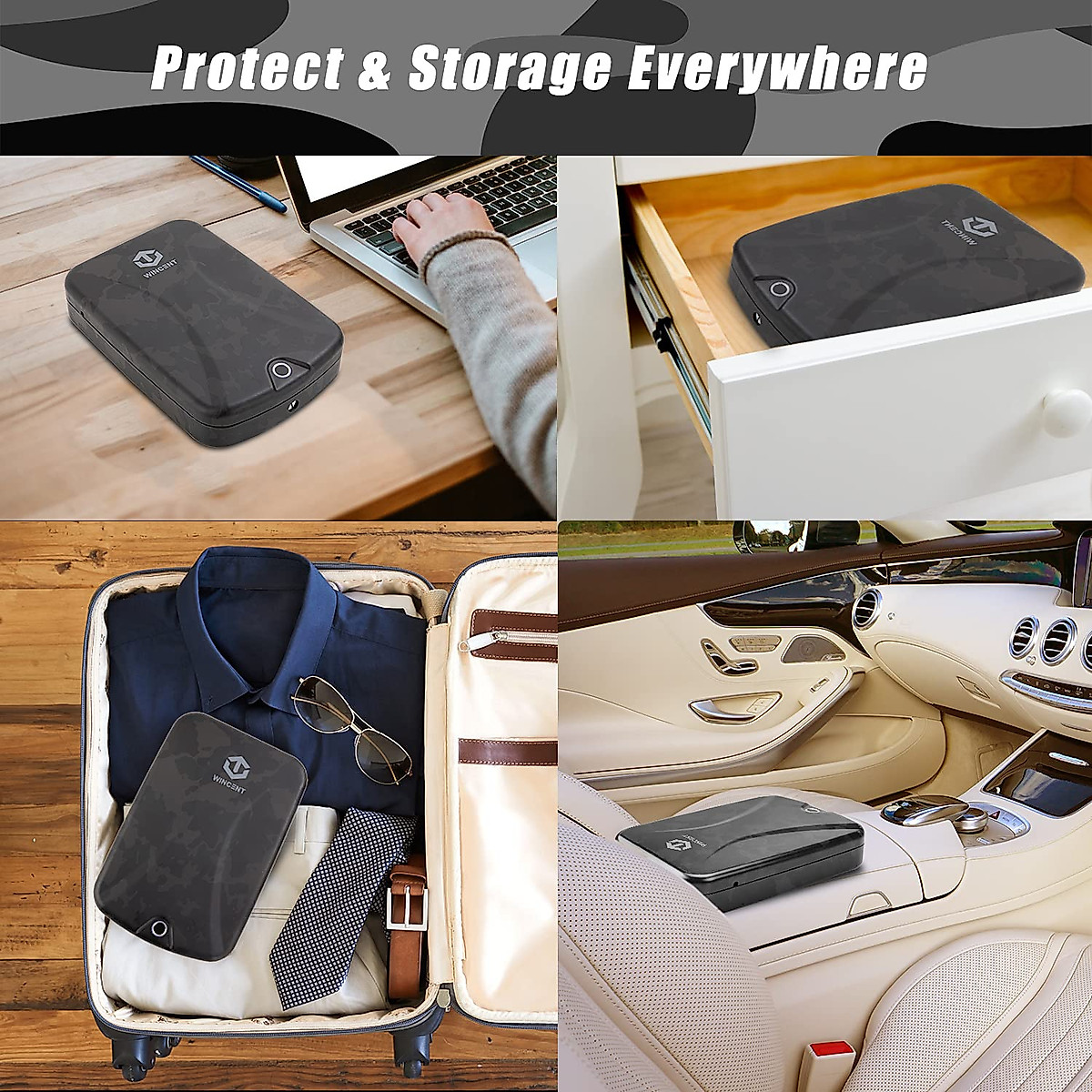 WINCENT Portable Gun Safe Quick Access Gun Safes for Pistols - Biometric Pistol Secure Safe Lock Box with Auto Open Lid & Fingerprints & Key for Car Travel Home - Black Camo