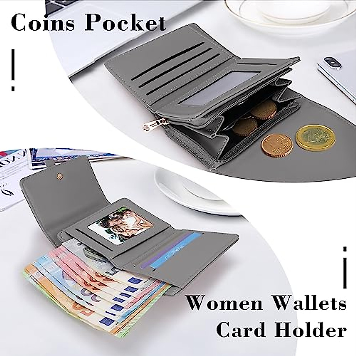 Small wallet for women RFID Trifold Ladies Wallets Vegan Leather Womens Wallet with ID Window Zipper Coin Pocket (grey white)