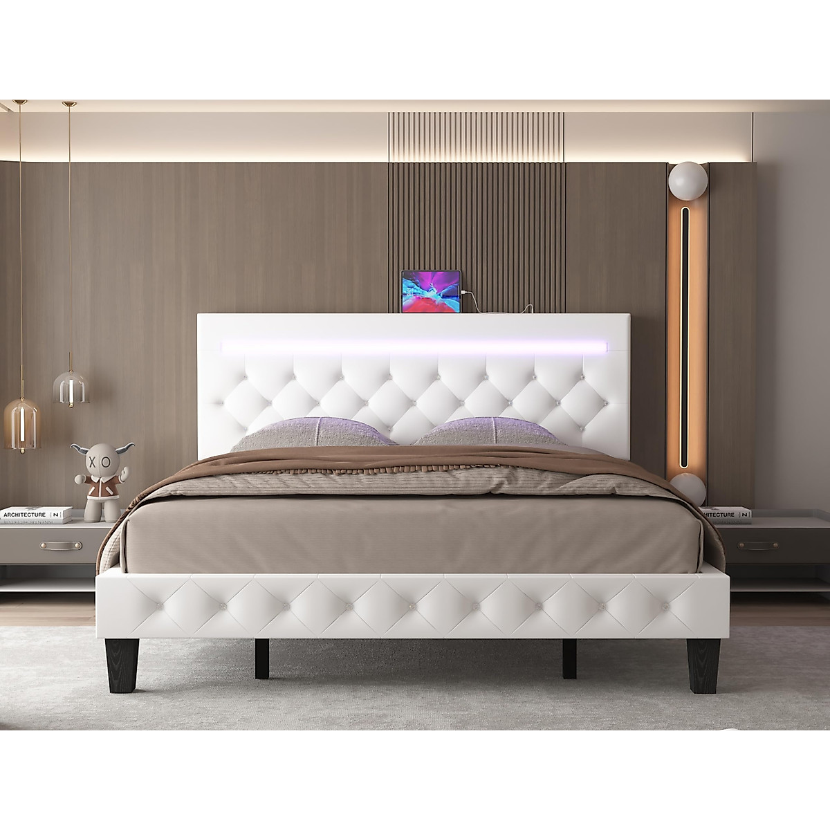 Benevika Full Size Bed Frame with LED Lights, Upholstered Platform Bed Frame, Adjustable Headboard with Charging Station, Wooden Slats Support, Easy Assembly, No Box Spring Needed, White