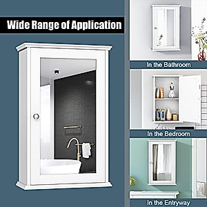 Hysache Bathroom Medicine Cabinets, Wall Mount Mirrored Storage Cabinet w/Single Mirrored Door & Adjustable Shelf, Multipurpose Wooden Organizer for Hallway Living Room Bed, 13.5" L x 6" W (White)