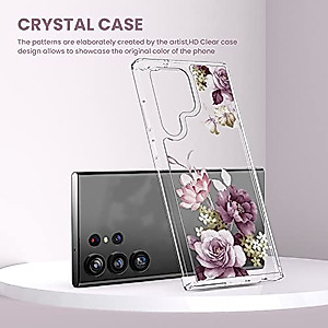 DagoRoo for Samsung Galaxy S23 Ultra Case with Tempered Glass Screen Protector, Girls Women Crystal Clear Flower Pattern Cases, Slim Fit Soft TPU + PC Shockproof Cover for Galaxy S23 Ultra (Purple)