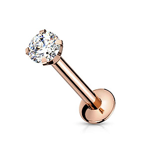 Dynamique CZ Prong Set Threadless Top PVD Over 316L Surgical Steel Push in Style Labret, Flat Back Stud (Sold Per Piece)