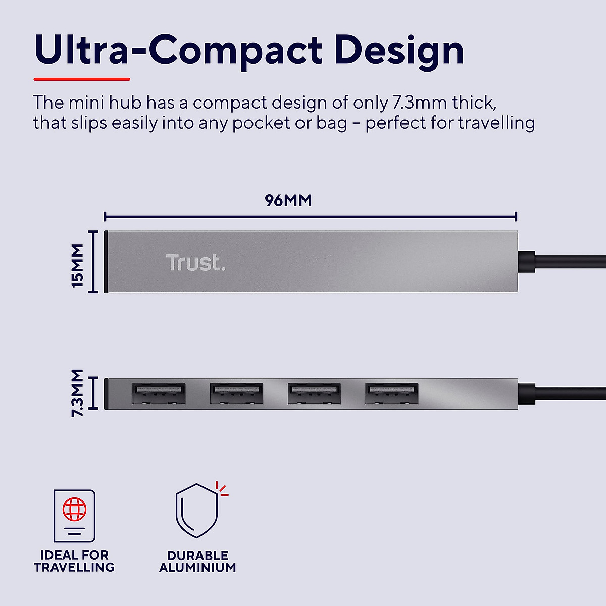 Trust 23786 Halyx Aluminium 4-Port Mini USB 2.0 Hub for PC, Laptop, Mac - Silver