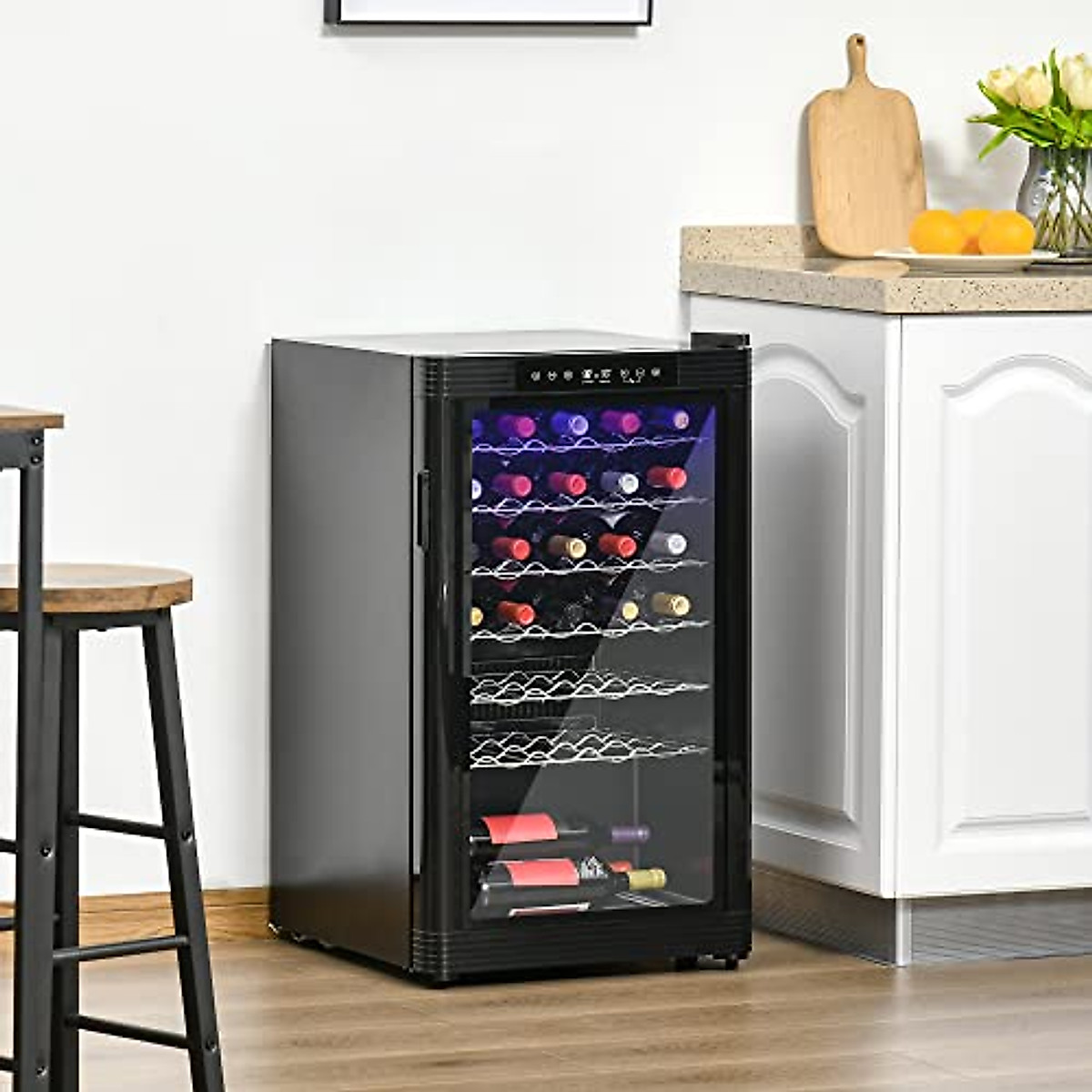 HOMCOM 33 Bottle Wine Cooler, Mini Beverage Fridge, Freestanding Wine Cellar with Digital Temperature Control, 6 Removable Shelves, Glass Door, Alarm Function and LED Lighting, Black