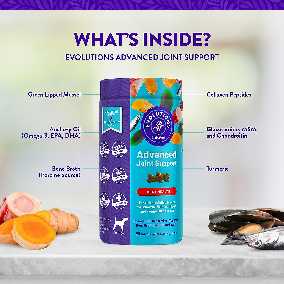 Evolutions by NaturVet Advanced Joint Support 90ct Soft Chews for Dogs - Anchovy Oil, Bone Broth, Collagen, Glucosamine, Turmeric, MSM - Helps Support Synovial Fluid, Cartilage, Connective Tissues