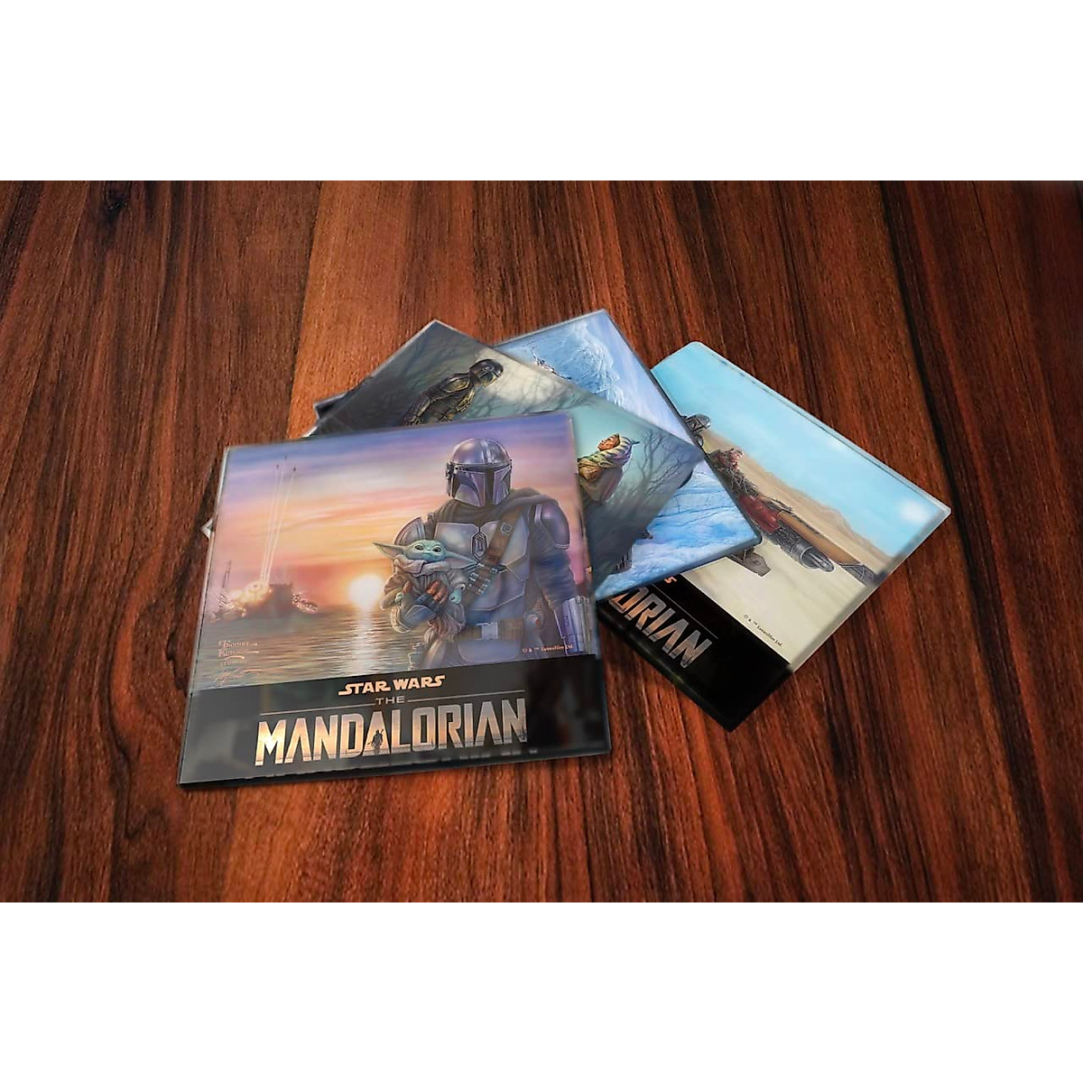 Star Wars – Mandalorian – The Child – Marshal – Razor Crest – Thomas Kinkade Studios – Set of Four 4” x 4” Glass Coasters - Comes with Stylish Modern Wooden Coaster – Officially Licensed Collectible