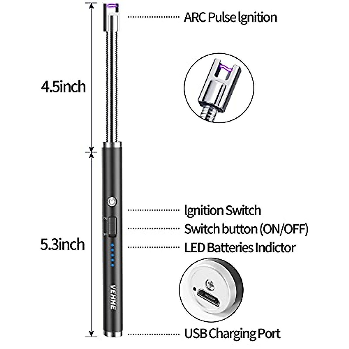 VEHHE Candle Lighter, 2 Pack Rechargeable Electric Lighter with LED Battery Display Safety Switch, Flexible Neck USB Lighter for Candles Camping Grill Gas Stoves Cooking (Black and Blue)