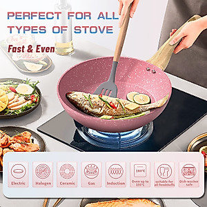 Nonstick Frying Pan Set with Lid, 8" 9.5" and 11" Non stick Frying Pan Set, Pink Pan Frying Pan Skillet Set Omelette Pan Healthy Stone Cookware, PFOA Free, Anti-Warp Base with All Stove Tops Available
