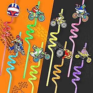 Dirt Bike Drinking Straws 24 PCS Motorcycle Party Favors with 2 Cleaning Brush Motocross Racing Birthday Party Supplies BMX Party Decorations for Kids