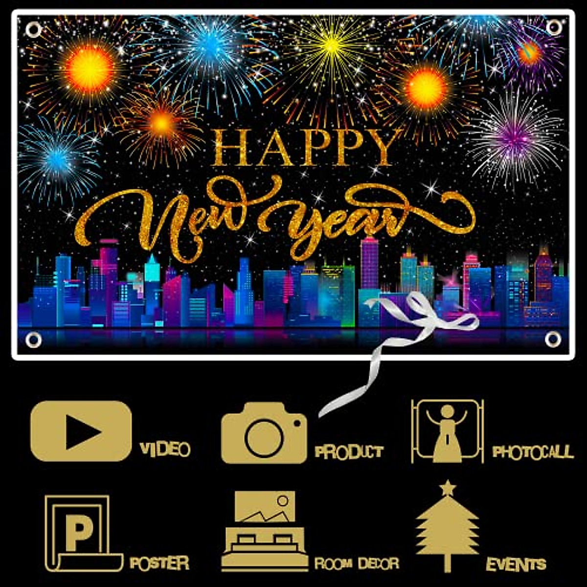 Happy New Year Banner,Happy New Year Party Decoration Supplies,Large Fabric New Years Eve Party Backdrop for 2023 Party Decoration,2023 New Year Fireworks Photo Booth Backdrop Background Banner