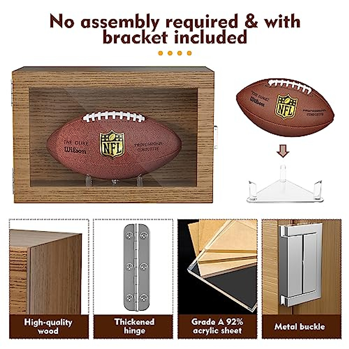 Full Size Wooden Football Display Case with Acrylic Football Stand【No Assembly Required 】 with 98% UV Acrylic Door, Sports Memorabilia Showcase and Storage Box