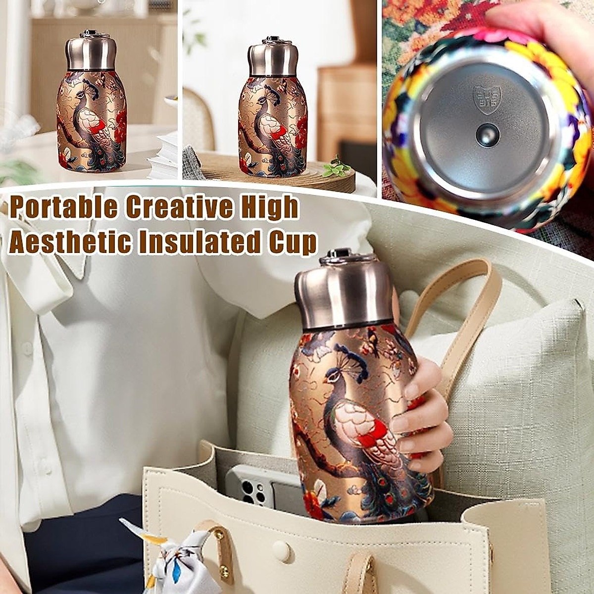 Insulated Tumblers with Lid, Portable Peacock Stainless Steel Vacuum Thermos Cup, Travel Coffee Mug, Leak Proof Double Walled Coffee Tumbler for Iced and Hot Drinks