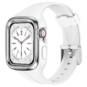 OUHENG Compatible with Apple Watch Band 41mm 40mm 38mm with Bumper Case, Women Sport Strap with Rugged Metal Edge Bumper and Silicone Cover for iWatch Series 8 7 6 SE 5 4 3 2 1, White/Silver