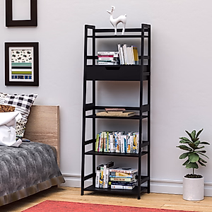 WTZ Upgraded Bookshelf with Drawers, Storage Book Shelves, 5 Tier Tall Bookcase, Modern Open Ladder Shelf for Bedroom, Living Room, Bathroom, Kids Room, Office, MC-519 (Black)
