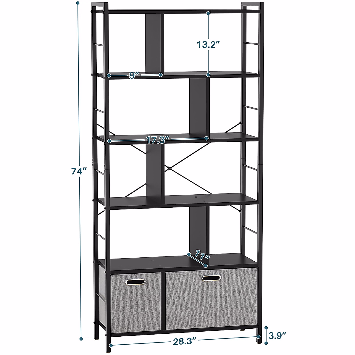 armocity 74 Inch Tall Bookshelf, 6 Tier Bookcase with Drawers, Modern Book Shelf Display Standing Shelf Units with Storage, Wood and Metal Bookshelves for Living Room, Bedroom, Home Office, Black