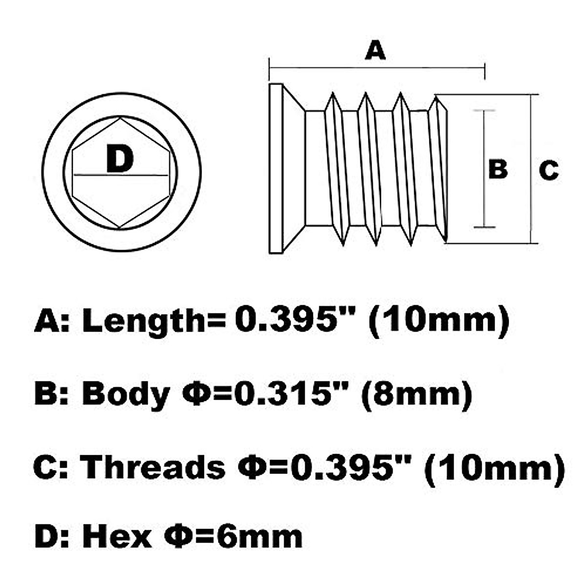 50 Pieces 1/4-20 Threaded Inserts for Wood Nutsert Furniture Screw-in Nut 10mm Length Hex Drive