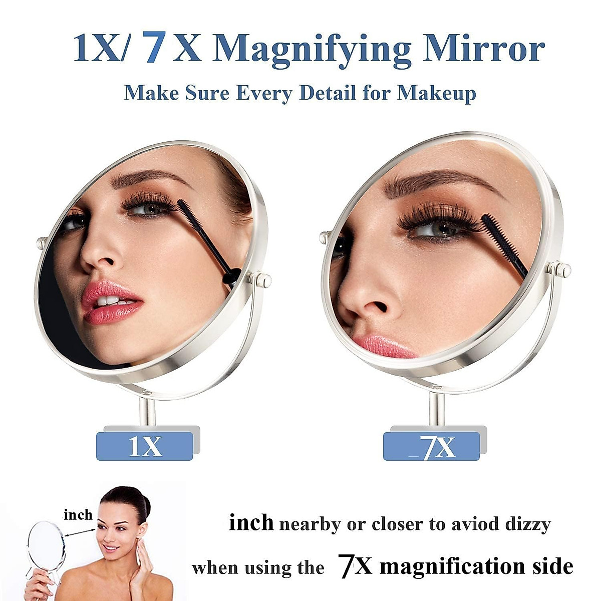HIHIA Height Adjustable Makeup Mirror 8 Inch Double-Sided 7X Magnification, Black Magnifying Makeup Mirror Round Tabletop Mirror Tall, Countertop Standing Cosmetics Black Finish