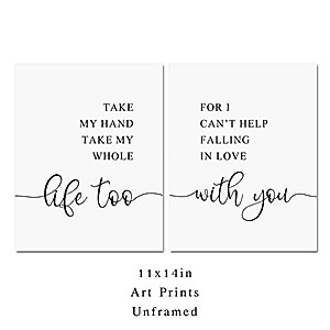 Take My Hand Take My Whole Life Too Wall Decor Romantic Lyrics Wall Art Print Bedroom Signs Love Lyrics Bedroom Decor, Set Of 2 Prints, 11x14inch Unframed