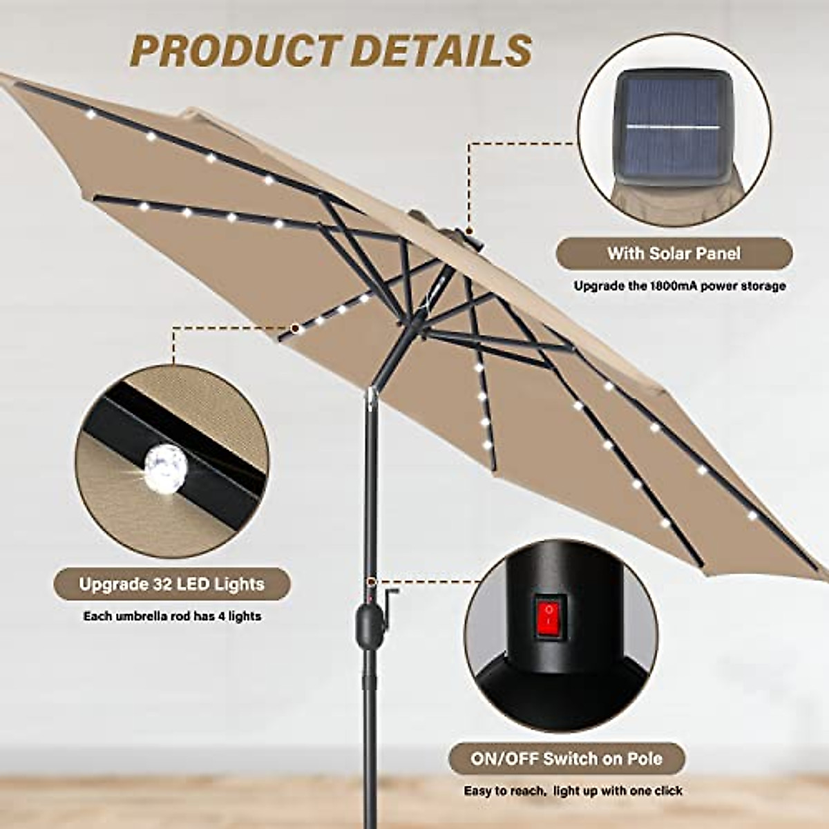 Simple Deluxe 9' Solar Umbrella 32 LED Lighted Patio Umbrella Table Market Umbrella with Push Button Tilt/Crank Outdoor Umbrella for Garden, Deck, Backyard and Pool, Tan