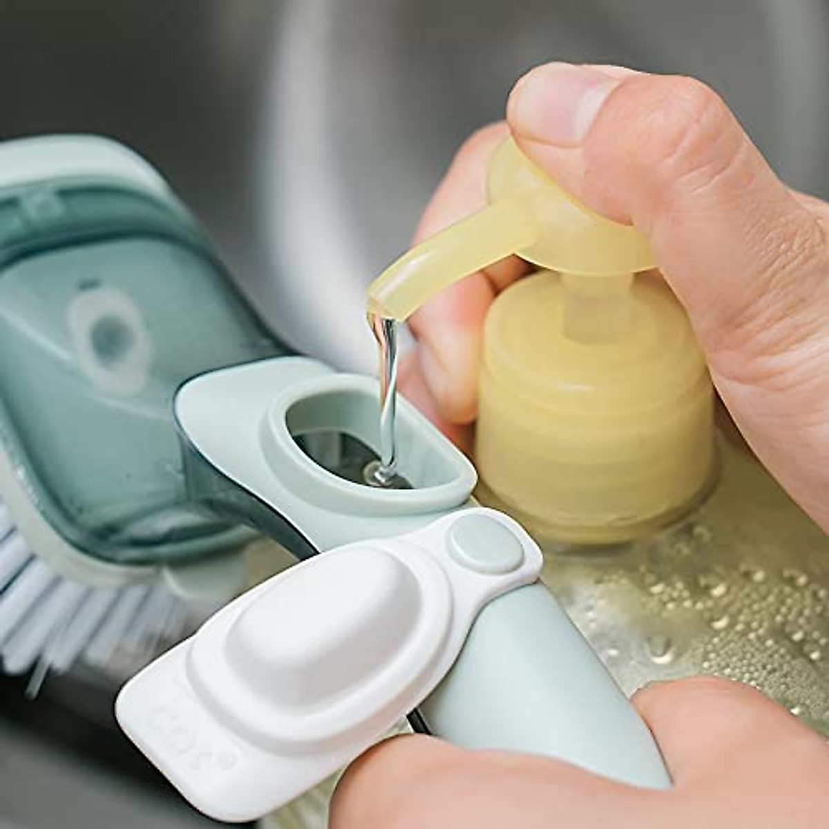 CQT Soap Dispensing Dish Brush Storage Set, Dish Scrubber with Handle, Kitchen Washing Brush for Pot Pan Sink Cleaning, Kitchen Brush with Holder and 1 Replaced Scouring Pad Head