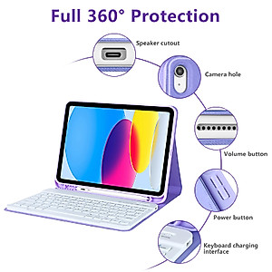 COO Keyboard Case for iPad 10th Generation (2022), Wireless Detachable Keyboard with Premium Protective Cover with Pencil Holder for Apple iPad 2022 10.9 Inch