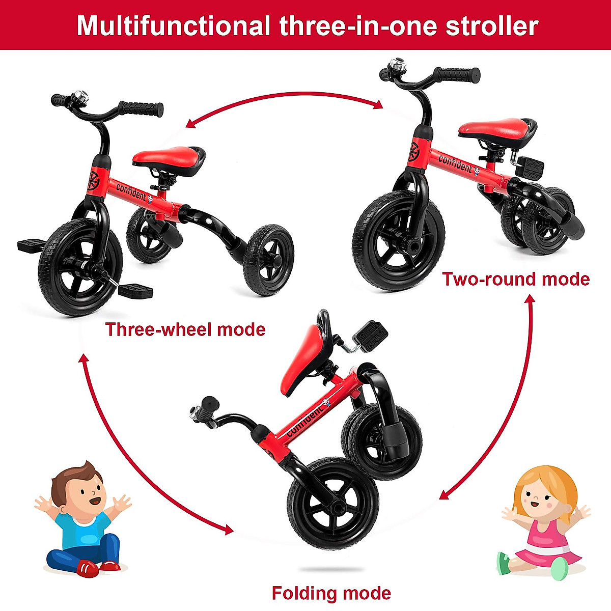 Ancaixin 3 in 1 Toddler Tricycles for 2-5 Years Old Boys and Girls with Detachable Pedal and Bell | Foldable Baby Balance Bike Riding Toys for Kids | Infant Birthday New Year Red