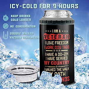 Personalized Veteran Can Cooler 4 in 1 Holder Cup with Lids Customized Name 16oz Beer Drinking Gifts for Men Navy Army Air Force Marine Corps Military Retirement Veterans Day