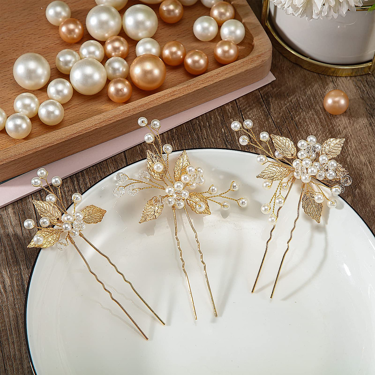 Waydress 6 Pcs Wedding Pearl Hair Pins Floral Hair Accessories Gold Leaf Head Piece Bridal Wedding Hair Clips for Women