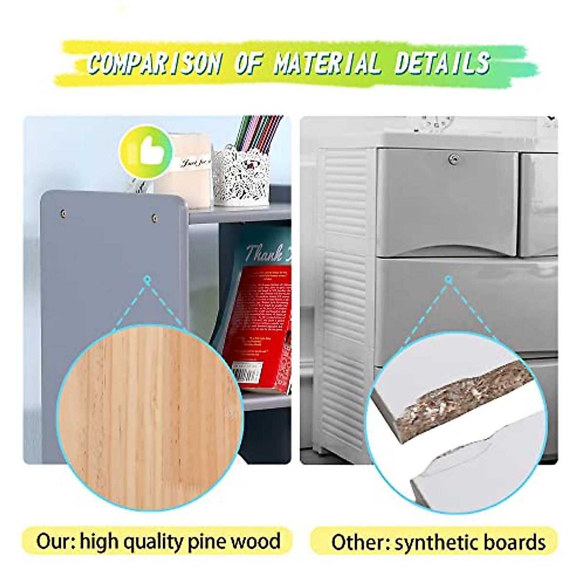 MallBest 4-Tier Kids' Toy Storage Organizer Shelf - 100% Solid Wood,Children's Storage Cabinet with 9 Plastic Bins and and 3 Storage Ports (Grey)