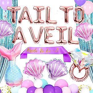 LaVenty 126 PCS Tail To Veil Bachelorette Decoration Mermaid Bachelorette Decoration Tail To Veil Balloons Bride To Be Sash for Mermaid Engagement Bridal Shower Party Blue Tinsel Curtain