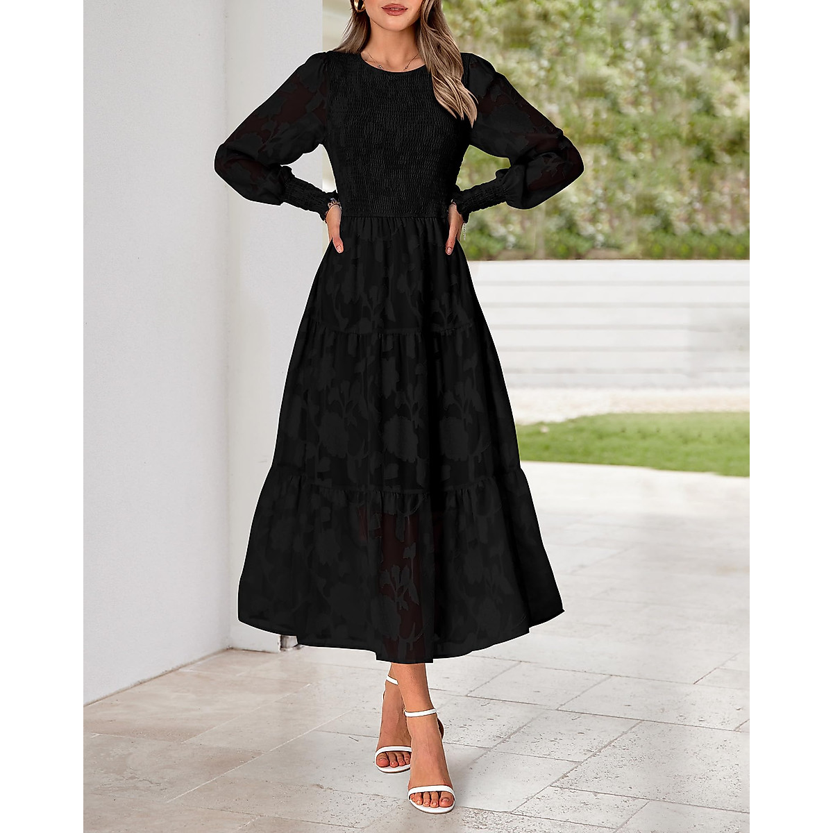 BTFBM Casual Women's 2025 Spring Dresses Elegant Wedding Guest Dress Long Sleeve Floral Midi Dress Flowy Bohemian Long Dress(Black,Small)