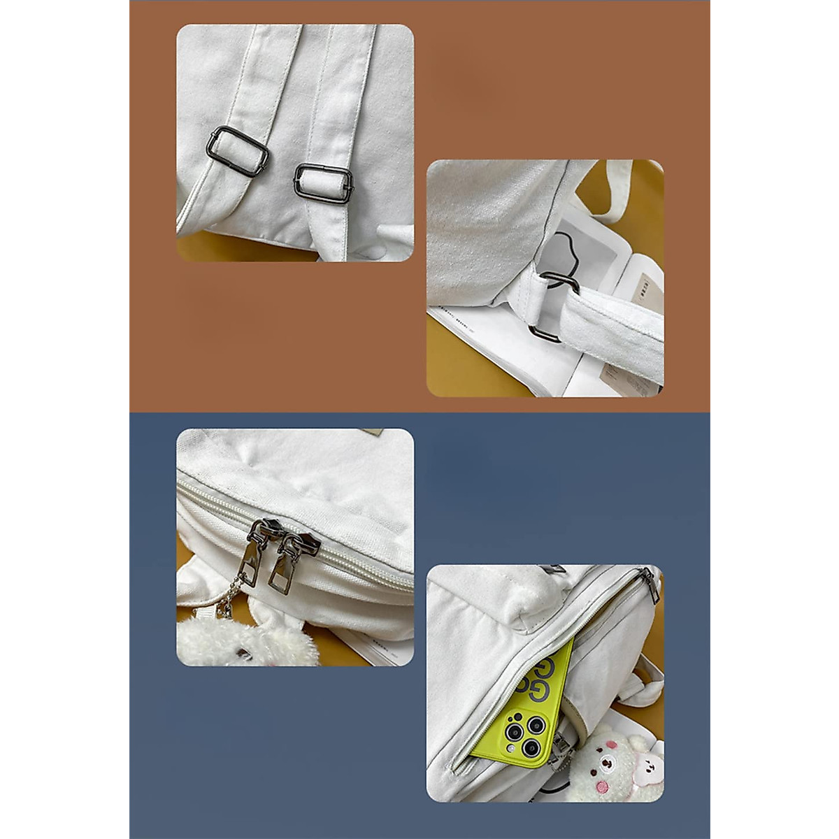 CHERSE Aesthetic Kawaii Backpack to school large capacity Lovely Aesthetic Student canvas Bookbags with accessories (White)