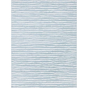 Unique Loom Sabrina Soto Outdoor Collection Geometric, Modern, Vibrant, Striped Carved Area Rug, 9 ft x 12 ft, Light Blue/Ivory