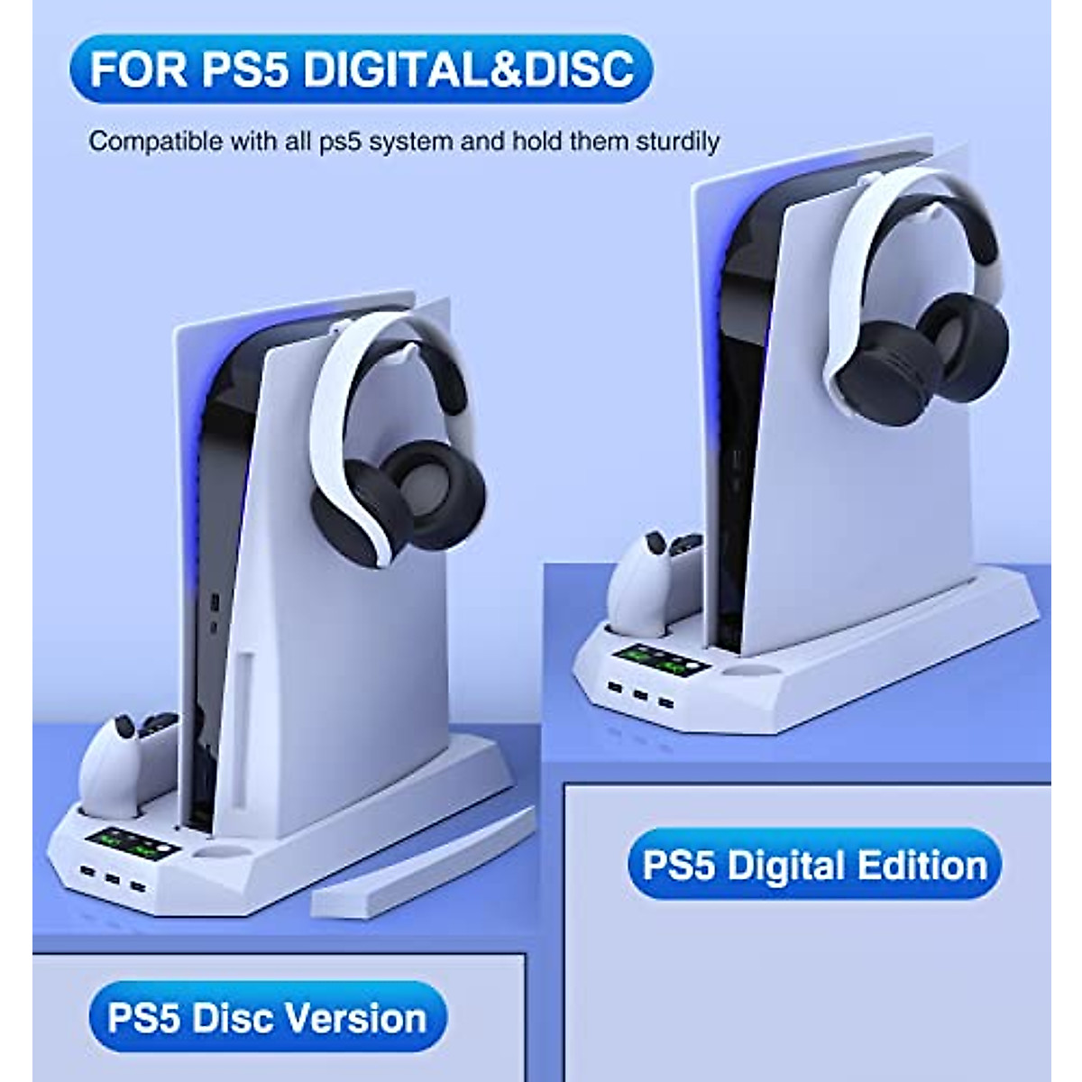PS5 Stand with Cooling Station PS5 Controller Charging Station for Playstation 5 PS5 Console Disc/Digital Edition, PS5 Accessories-Cooler Fan/Remote Charger/Media&Headset Holder/3-USB Hub/Screw White