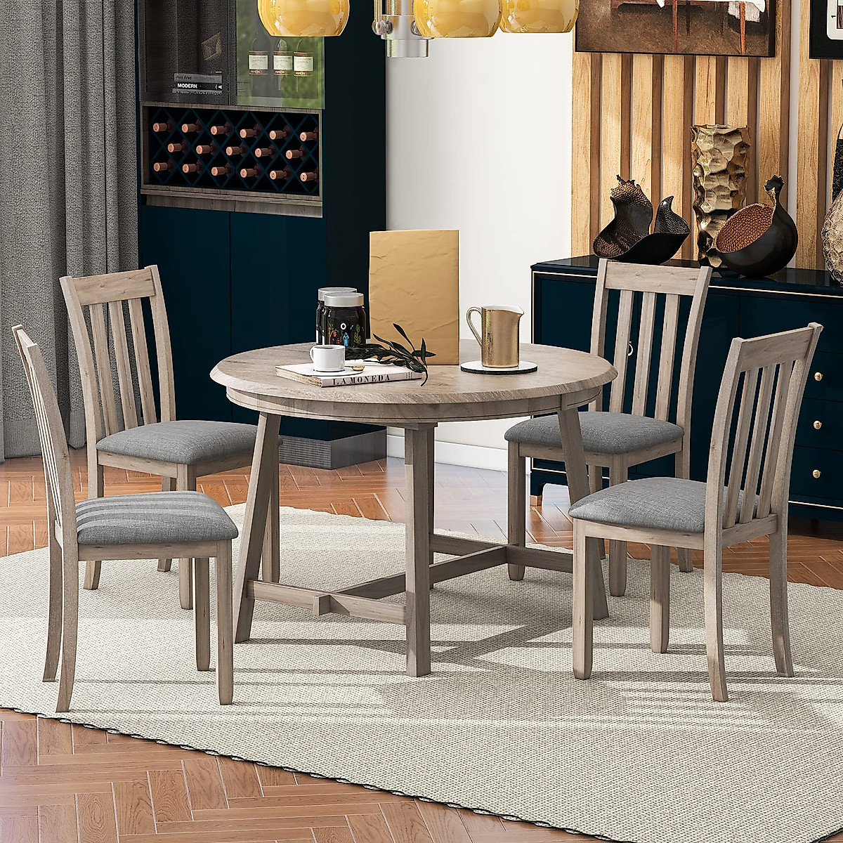 P PURLOVE Extendable Dining Table Set for 4 Persons, 5 Piece Round Dining Table Set with Extendable Dining Table and 4 Upholstered Dining Chairs for Kitchen Dining Room