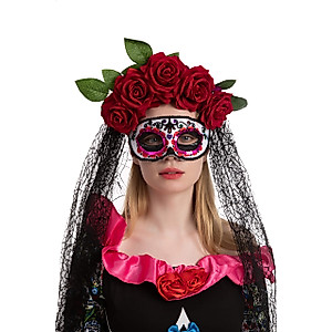 Spooktacular Creations 2 Pcs Day of The Dead Accessories Set with Rose Flower Crown Headband and Masquerade Eye Mask for Halloween Party and Mexican Dia Muertos Costume Accessories