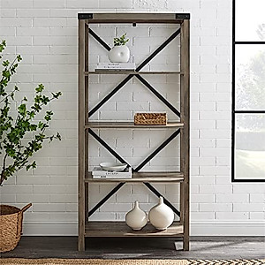 Walker Edison Andersen Urban Industrial Metal X Back 4 tier Bookshelf, 64 Inch, Grey Wash