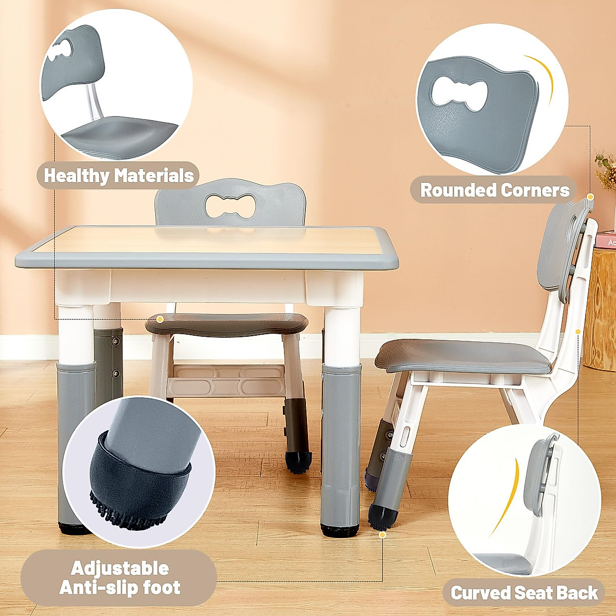 FUNLIO Kids Table and 2 Chairs Set for Ages 3-8, Height Adjustable Toddler Table and Chair Set, Easy to Wipe Arts & Crafts Table, for Classrooms/Daycares/Homes, CPC & CE Approved (3pcs Set) – Grey