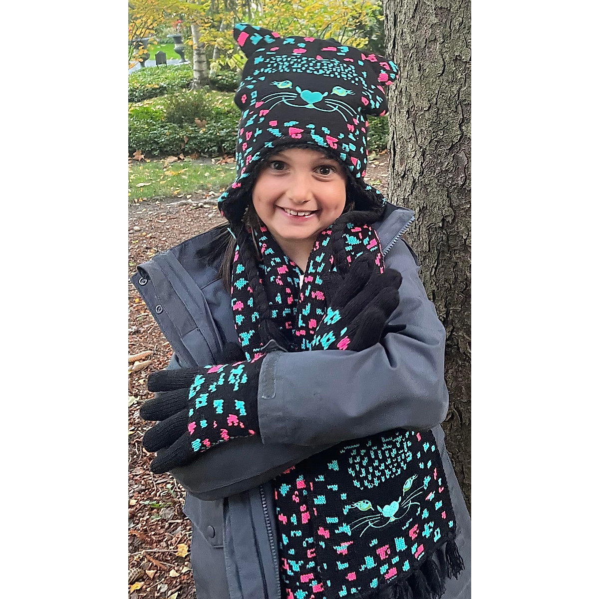 N'Ice Caps Kids Hat Glove Scarf Girls Winter Knit Accessory Set Warm Sherpa Lined 3 Piece (Black Kitten, 4-7 Years)
